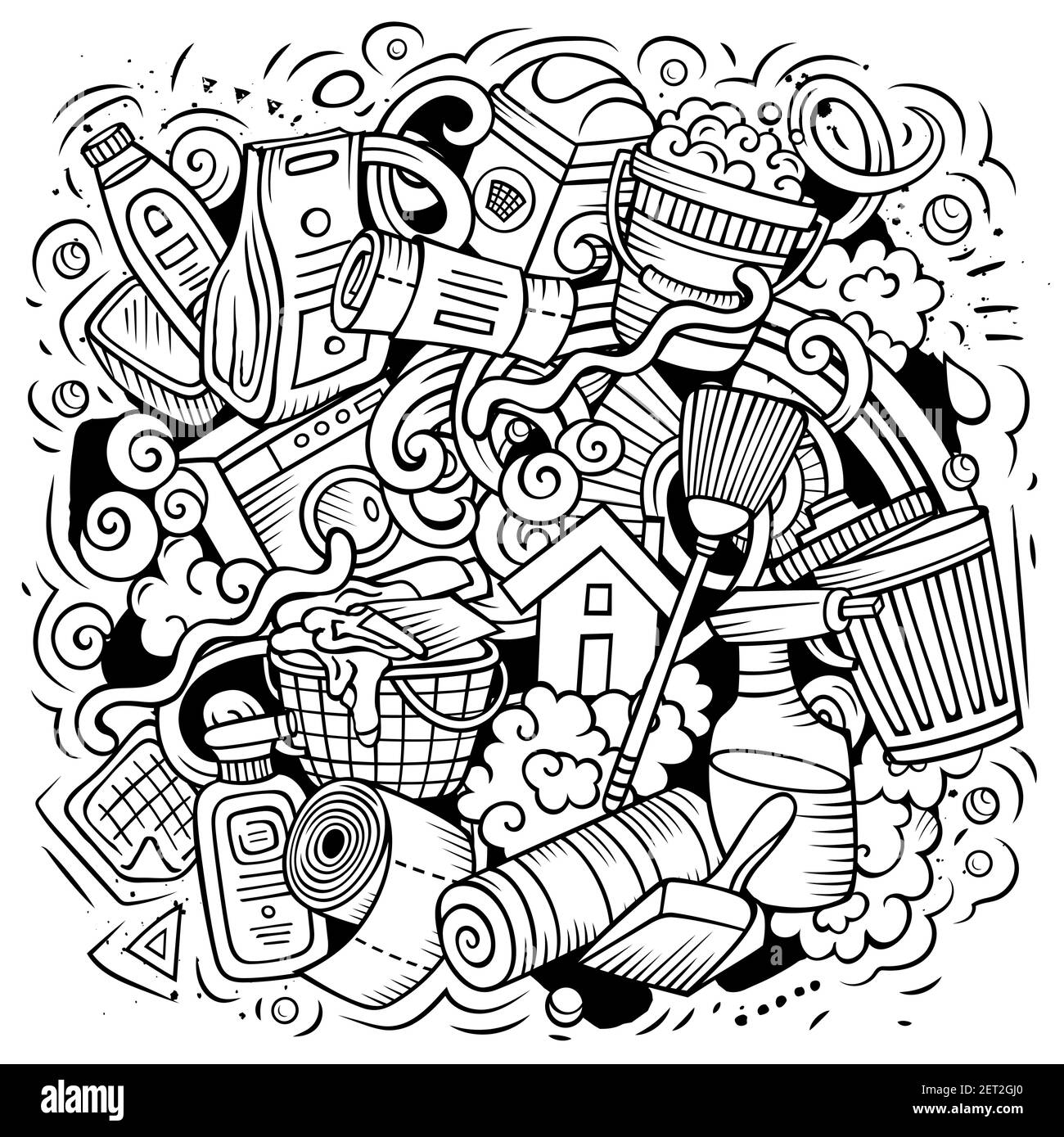 Cleaning cartoon vector doodle design. Line art detailed composition ...