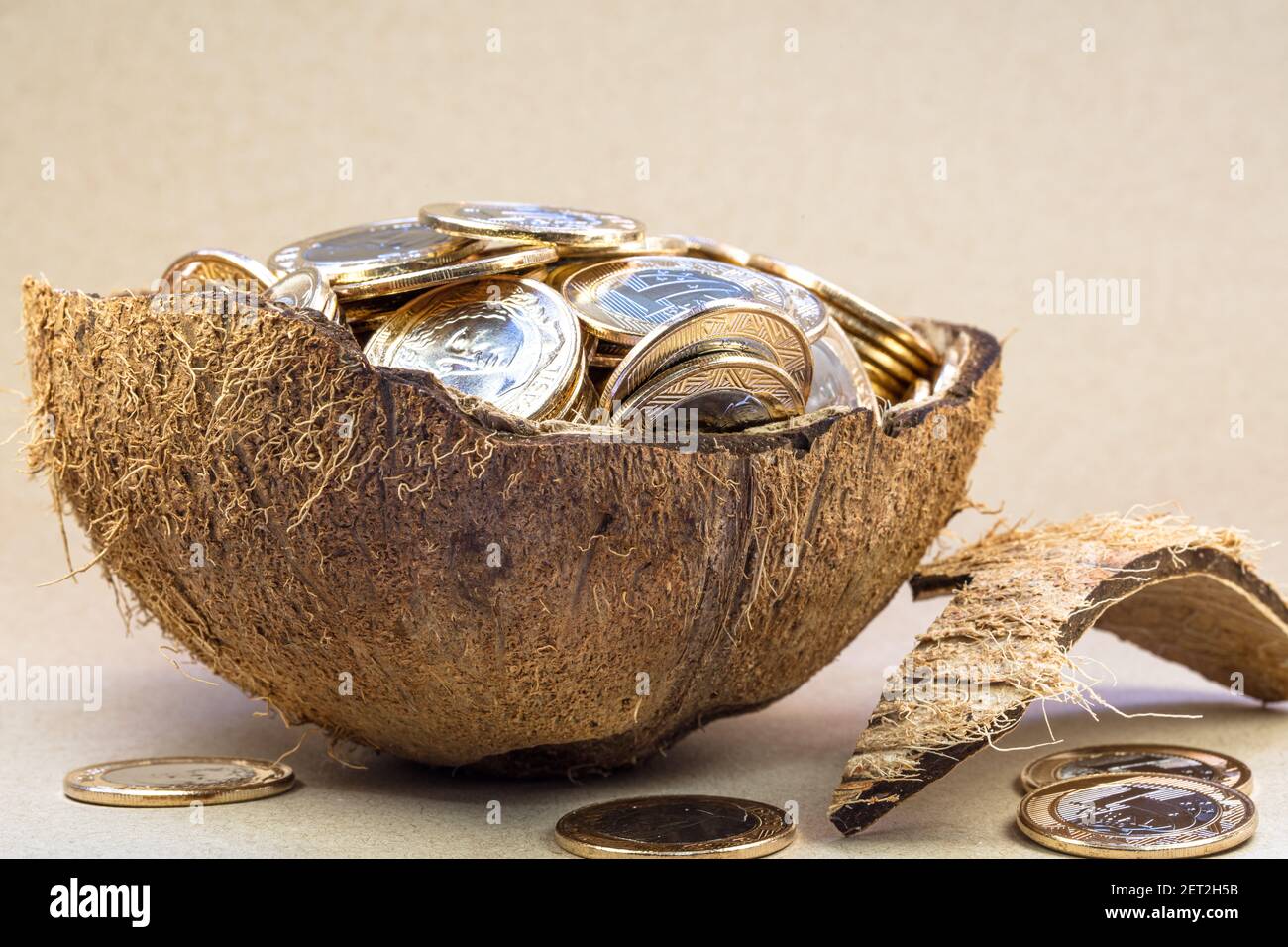 A coconut shell full of Brazilian real coins Stock Photo - Alamy