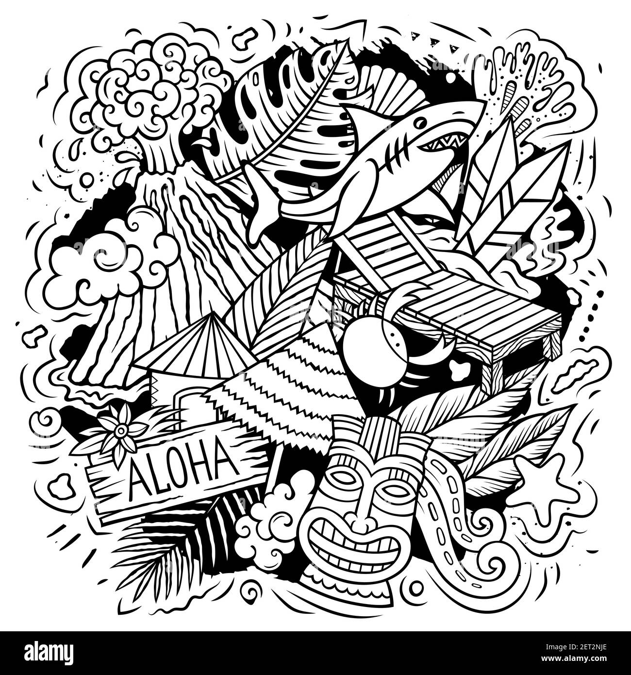 Hawaii cartoon vector doodle design. Line art detailed composition with ...