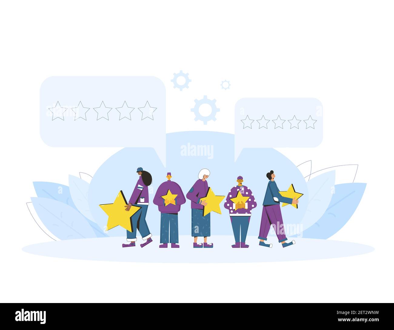 Customer review rating. Feedback concept. Happy clients standing with ...