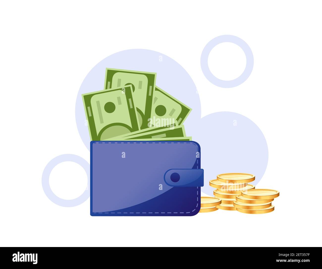 Blue wallet with dollars and coin vector illustration on white ...