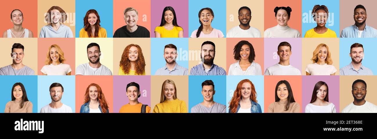 Set Of People Portraits With Smiling Faces Over Colored Backgrounds ...