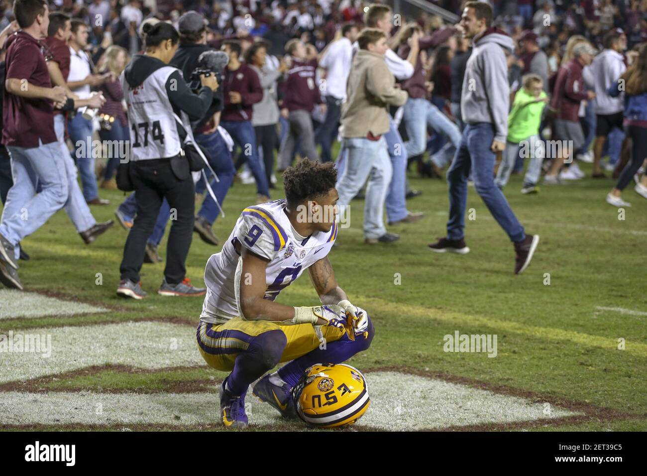 November 24, 2018: LSU Tigers safety Grant Delpit (9) reacts after the ...