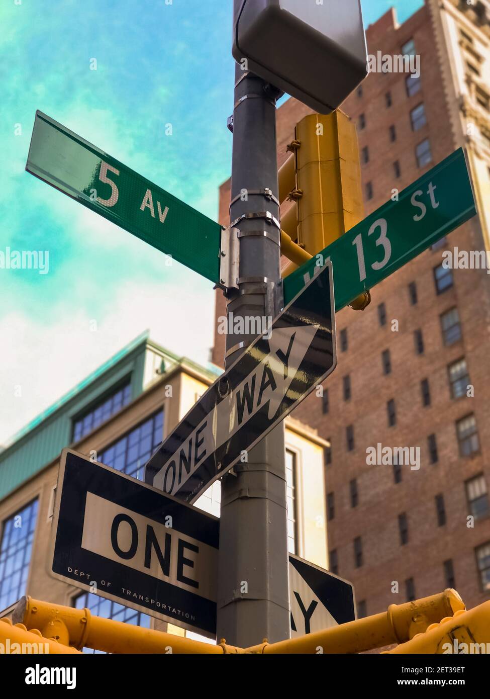 Street signs and red lights in Manhattan New York Stock Photo - Alamy
