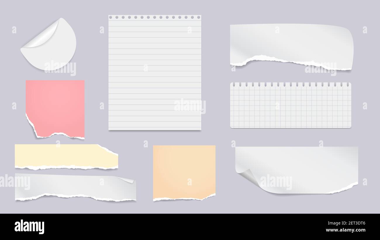 Set of torn white lined, colorful note, notebook paper pieces stuck on ... Set of torn white lined, colorful note, notebook paper pieces stuck on ...