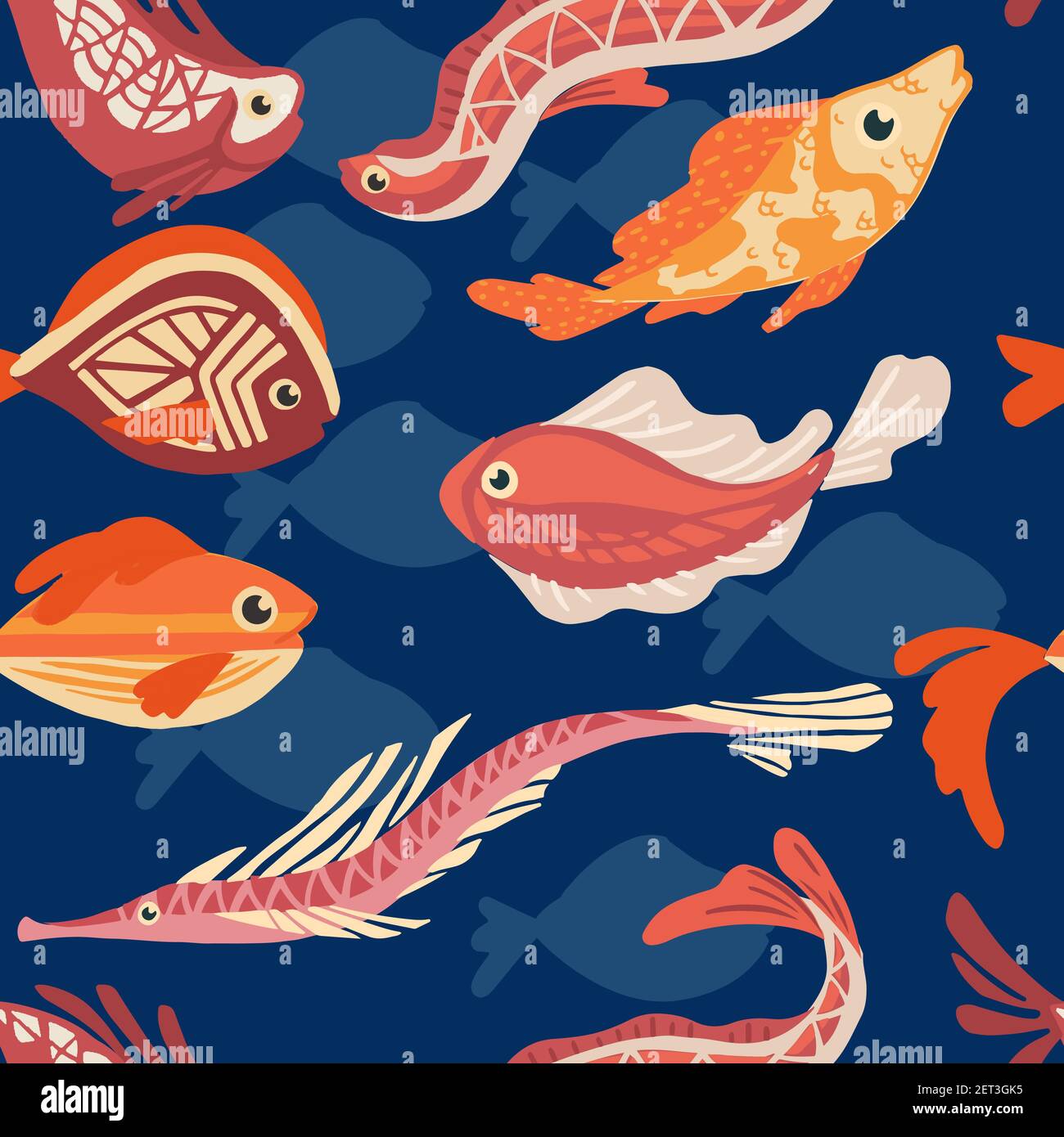 Seamless pattern of sea exotic fishes flat vector illustration on white ...