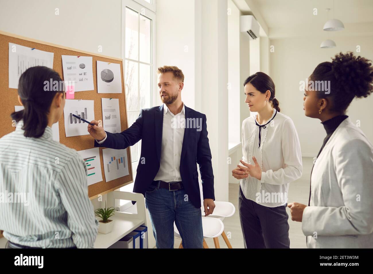 Business team analyzes sales graphs and charts, develops a new strategy ...