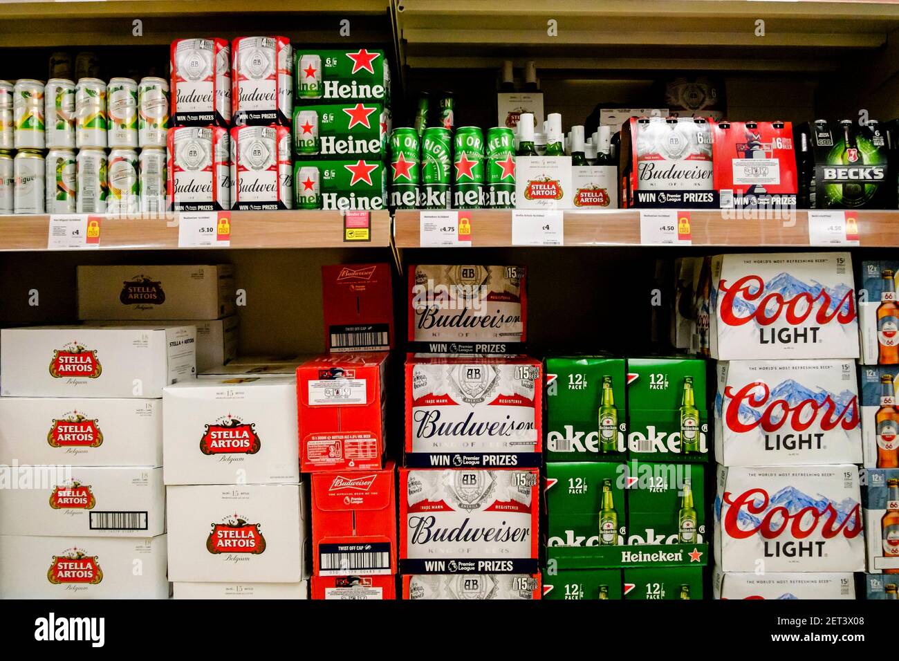 Selection of beers for sale in supermarket, United Kingdom Stock Photo ...