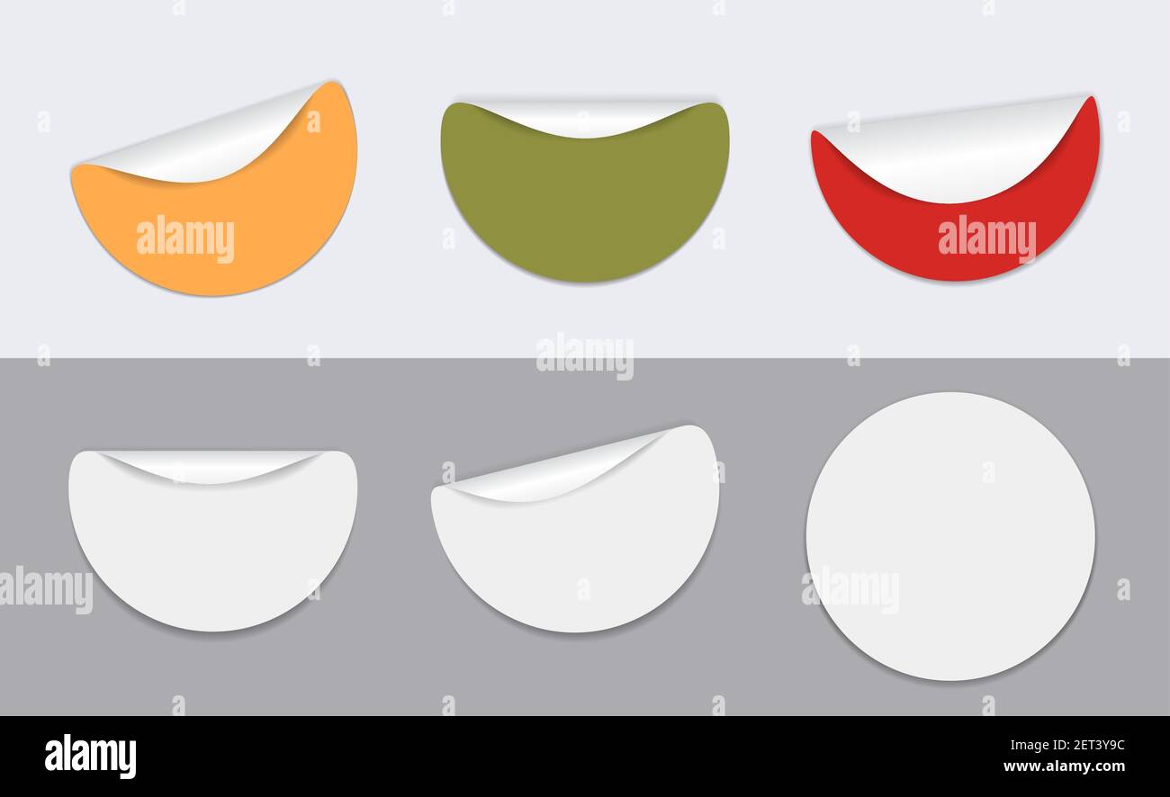 Set of white and colorful round stickers with folded corner on grey ...