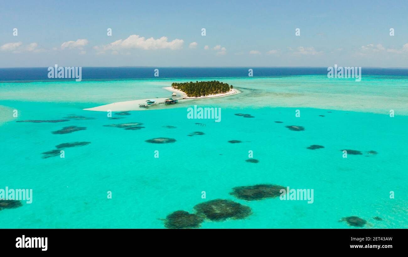 Tropical island in the ocean with palm trees on white sand beach. Onok ...