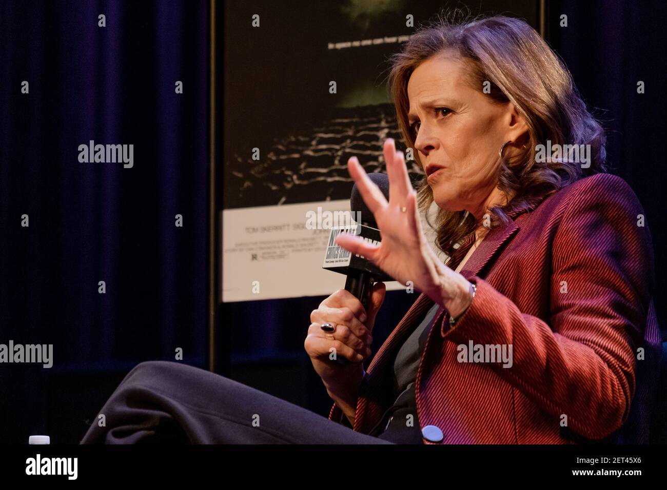 Actress Sigourney Weaver is seen in conversation with critic Peter Travers (not seen) following ...