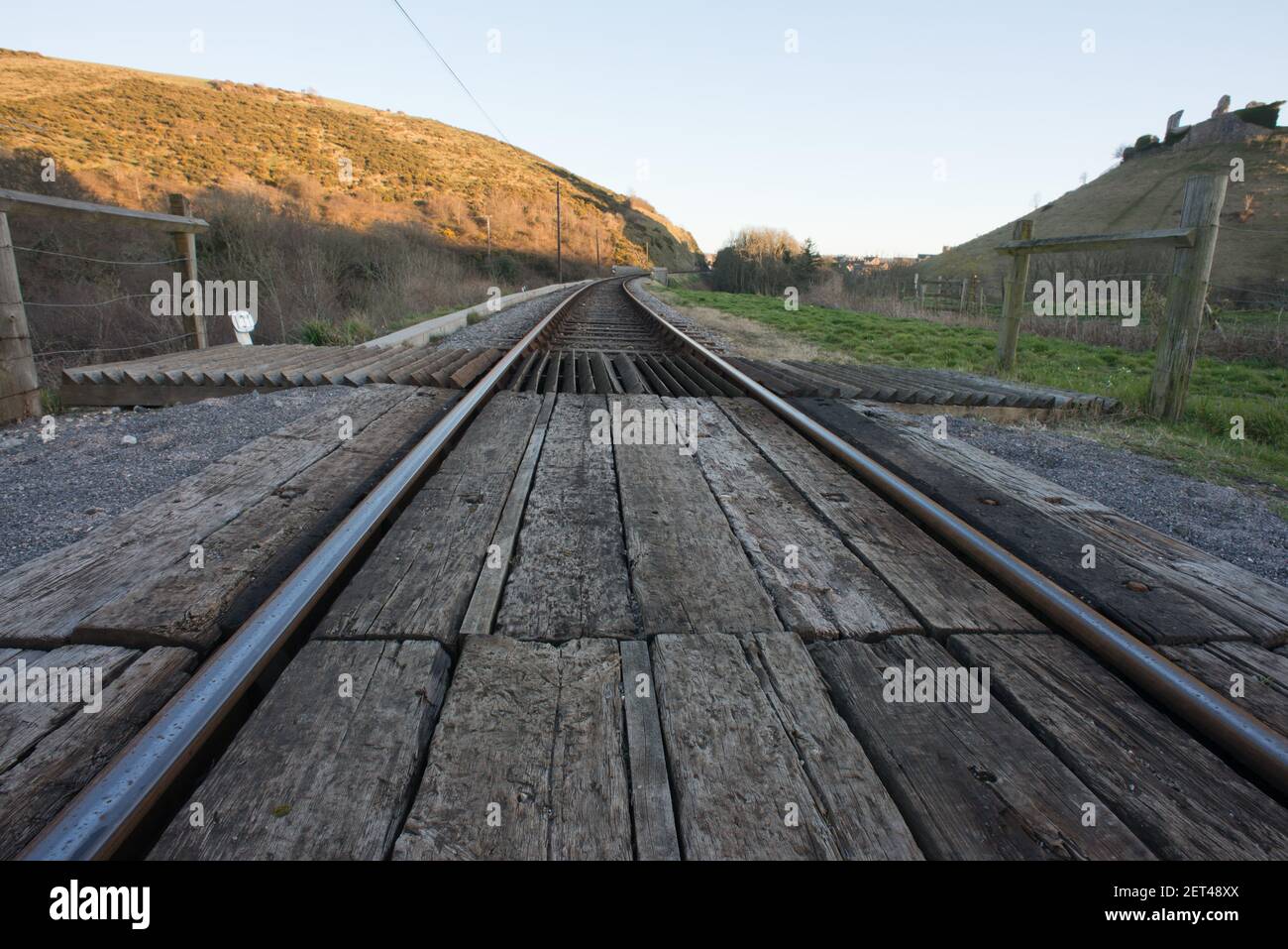 low angle picture of railway track with vanishing perspective Stock ...