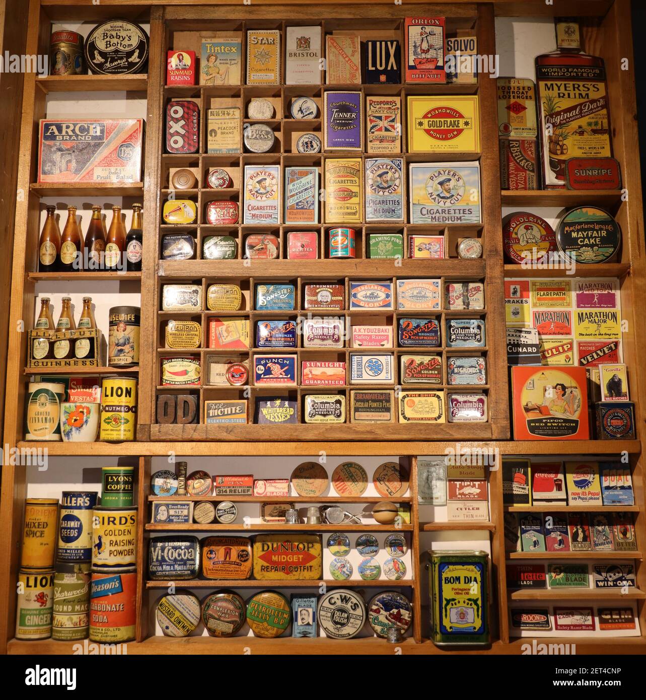 Vintage packaging. Colourful display of traditional, old packaging for ...