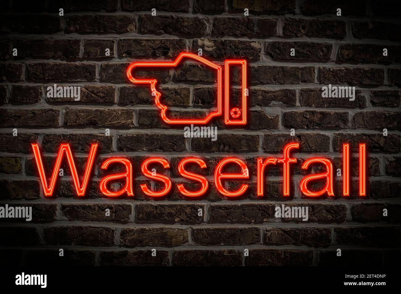 Detail photo of a neon sign on a wall with the inscription Wasserfall ...