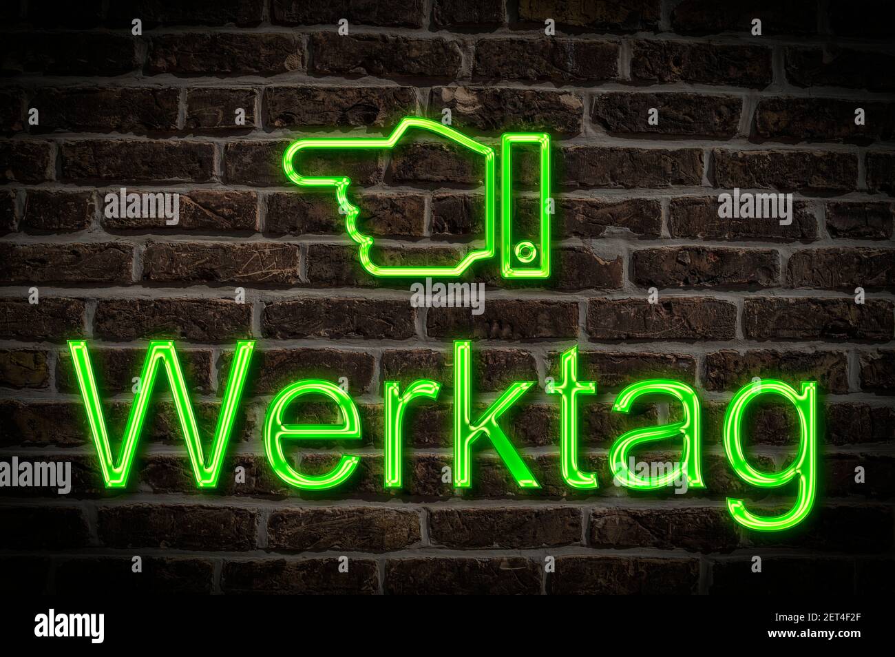 Detail photo of a neon sign on a wall with the inscription Werktag ...
