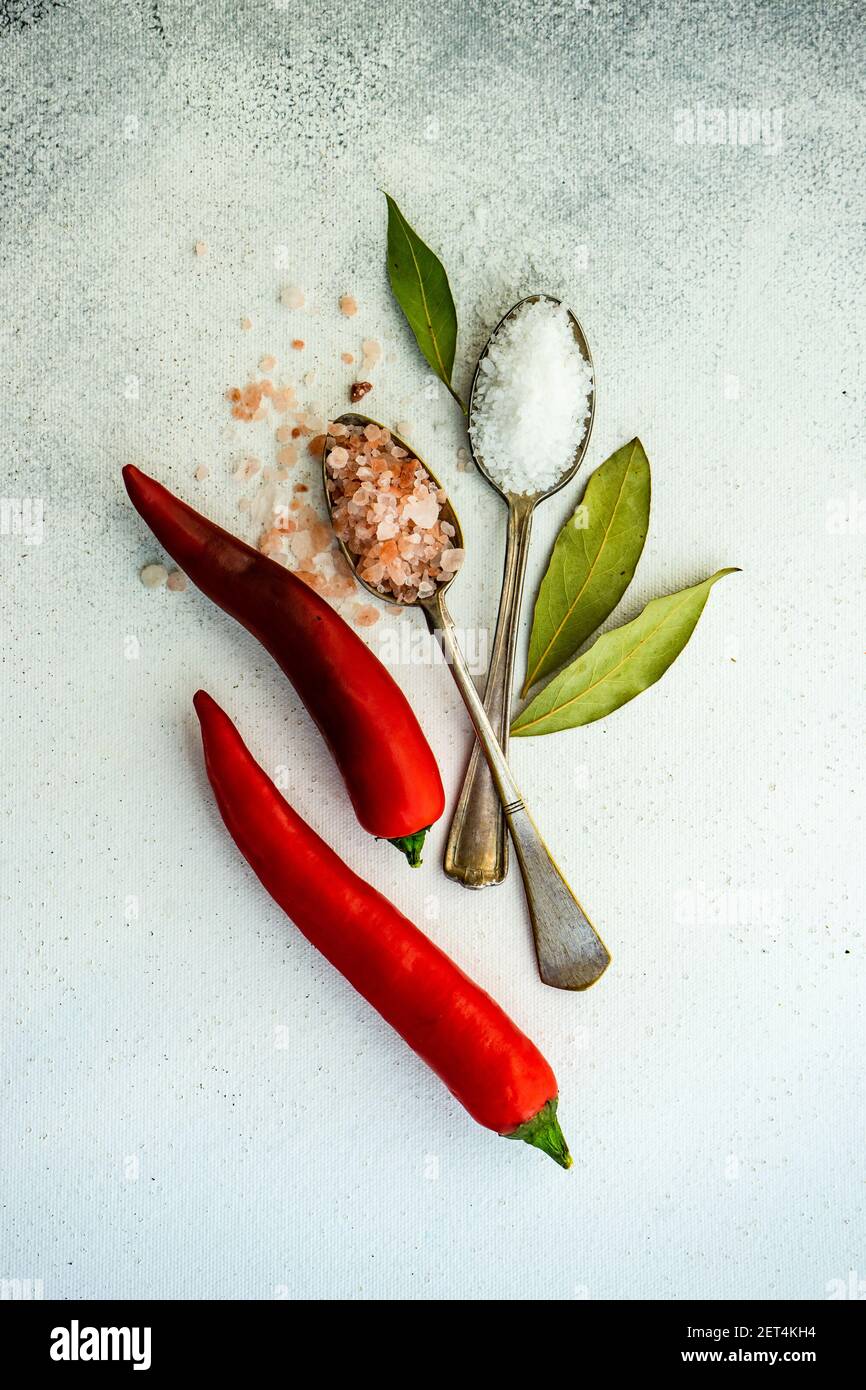 Overhead view of two vintage spoons filled with salt next to red ...