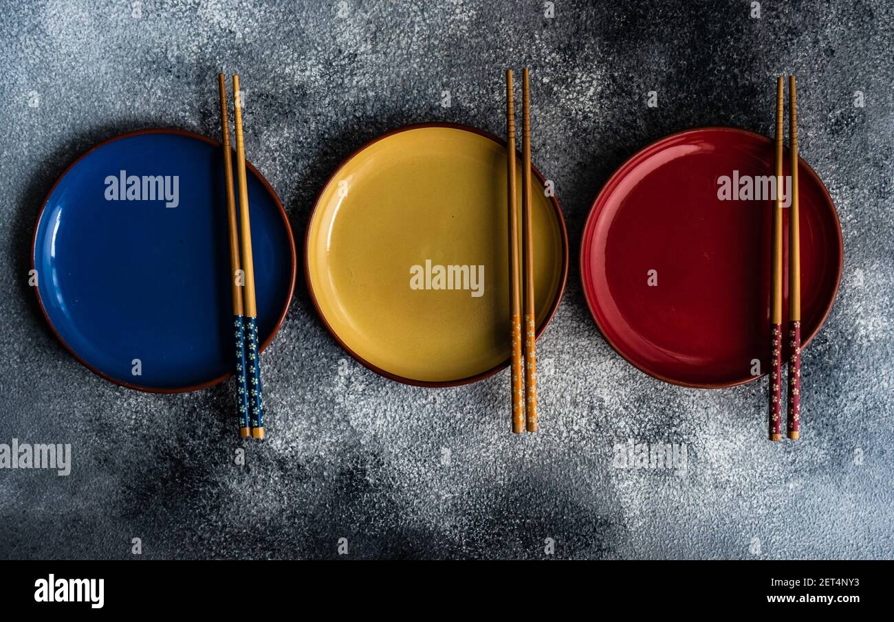 Overhead view of an Asian table setting with chopsticks Stock Photo - Alamy