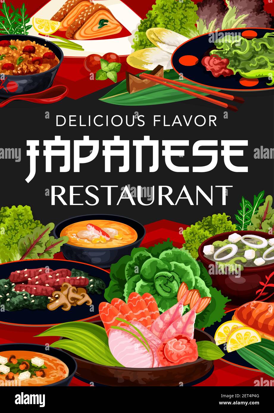 Japanese cuisine food menu, Japan restaurant seafood, noodles and meat ...