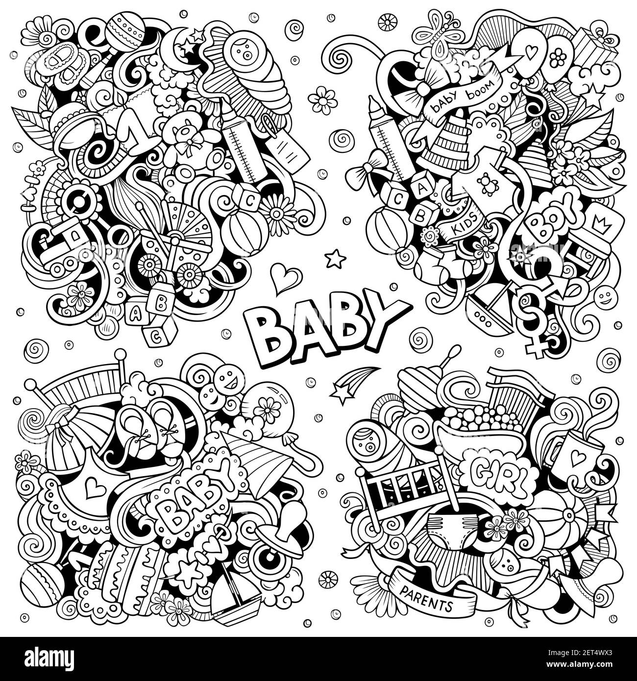 Baby cartoon vector doodle designs set. Line art detailed compositions ...