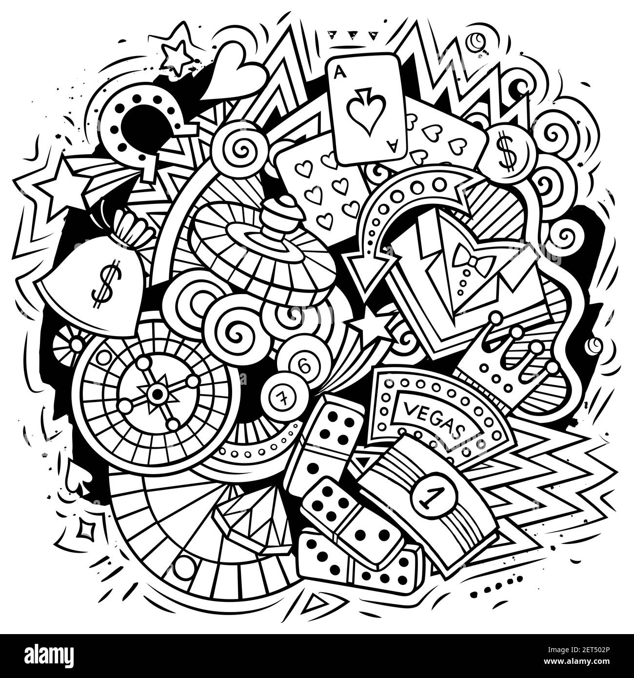 Casino cartoon vector doodle design. Line art detailed composition with ...