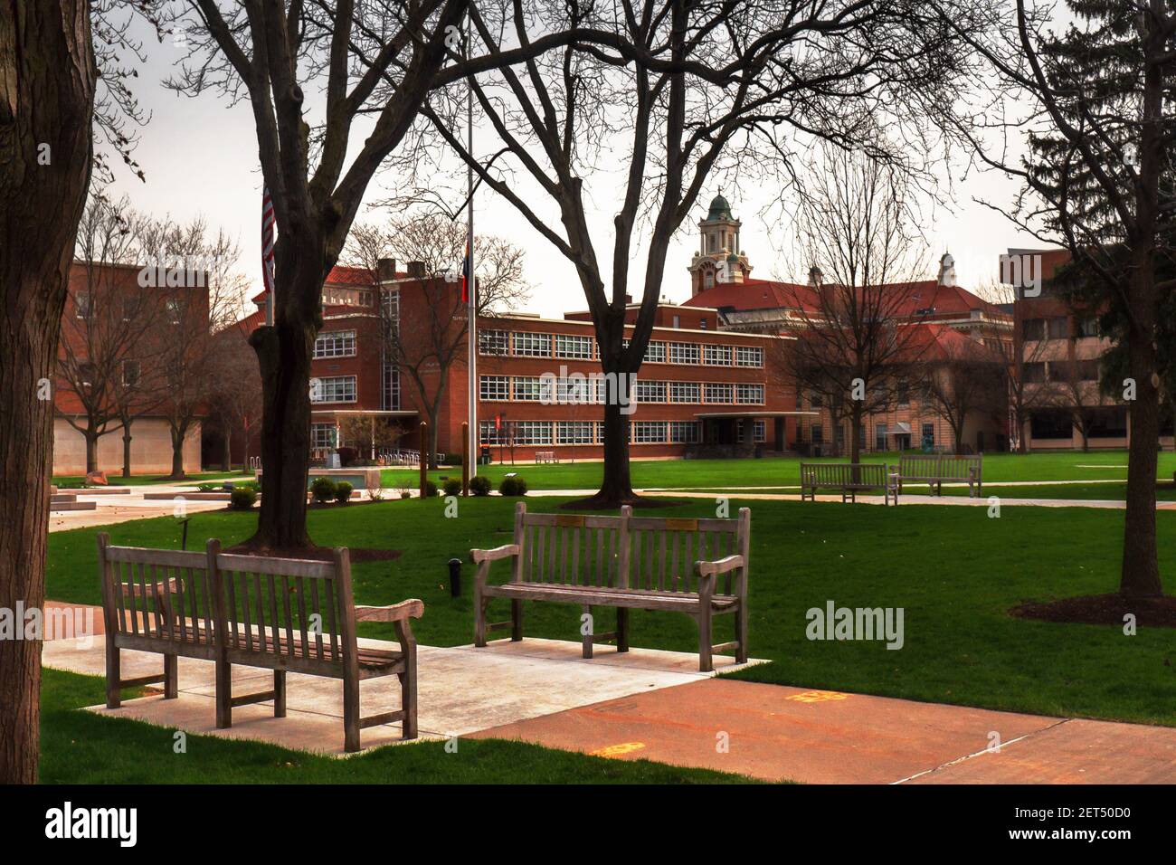 Outdoor seating on the Syracuse University campus on a quiet winter ...