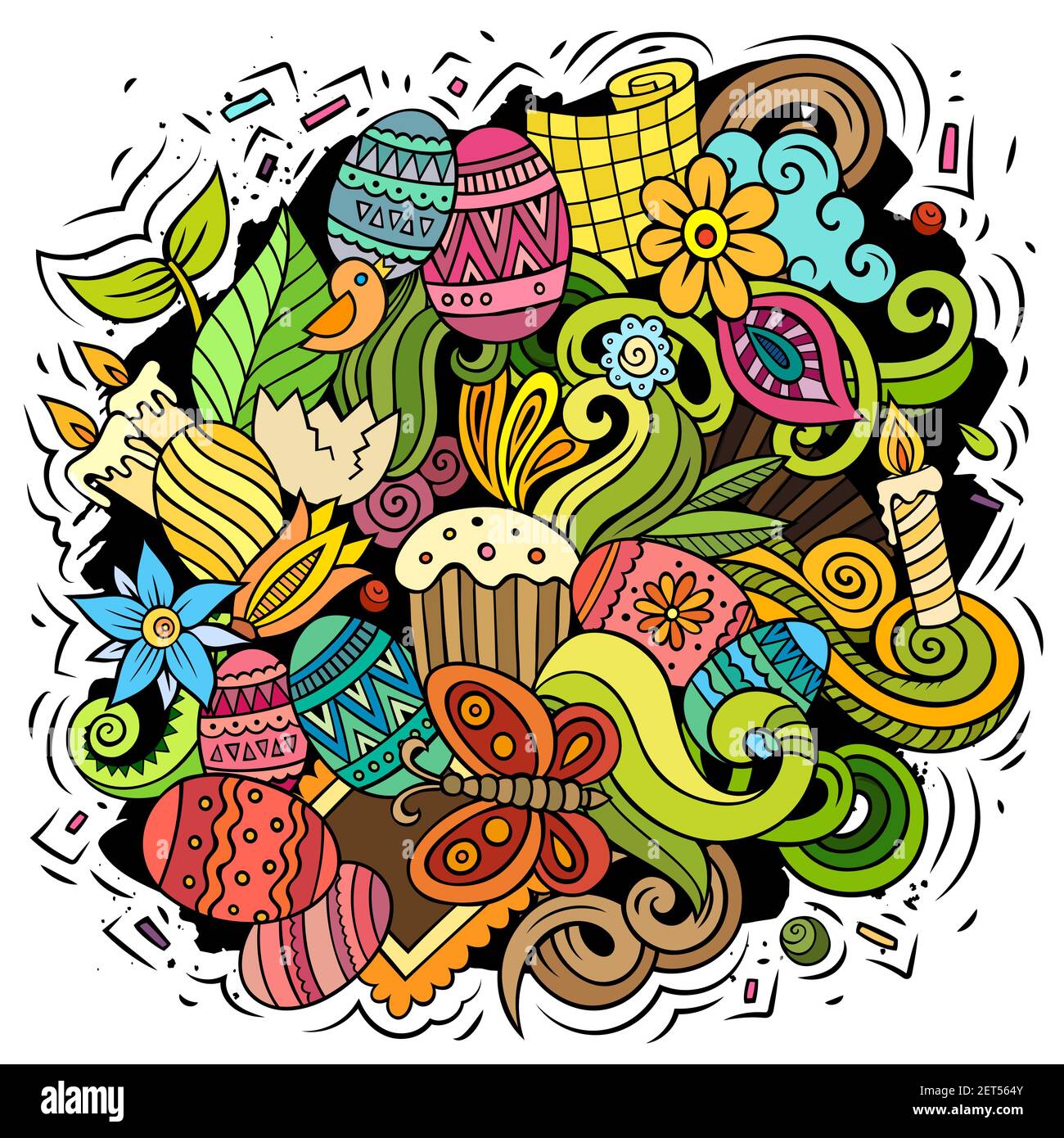 Happy Easter vector doodles illustration. Holiday elements and objects ...
