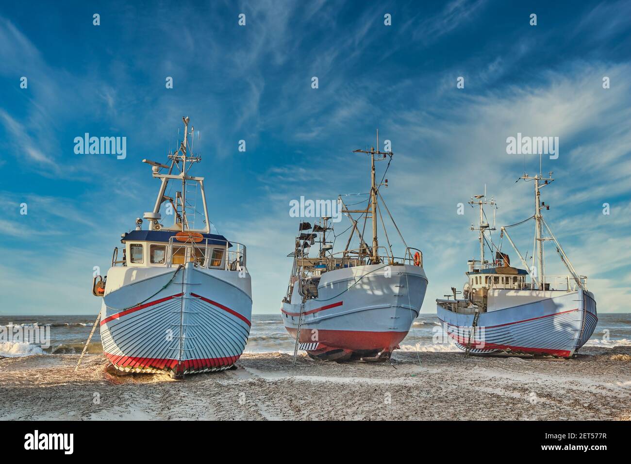 Coastal fishing boats vessels at Thorup beach in Western Denmark Stock ...