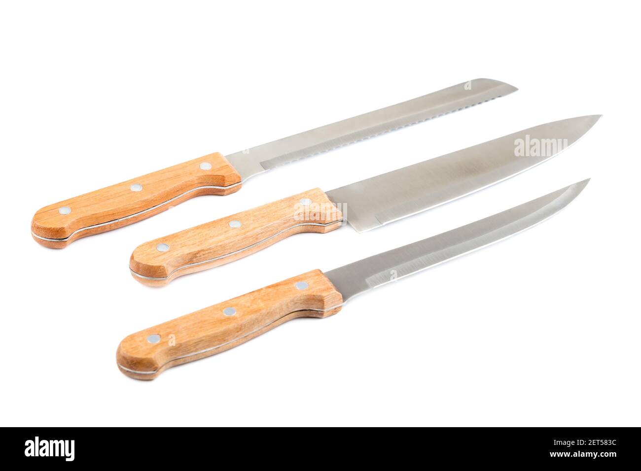 Three kitchen knives with wooden handle isolated on white background ...