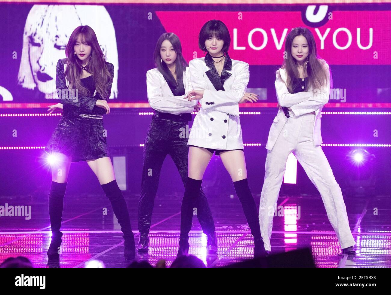 South Korean K-Pop girl group EXID, performs on the stage during a MBC TV K-Pop music chart ...