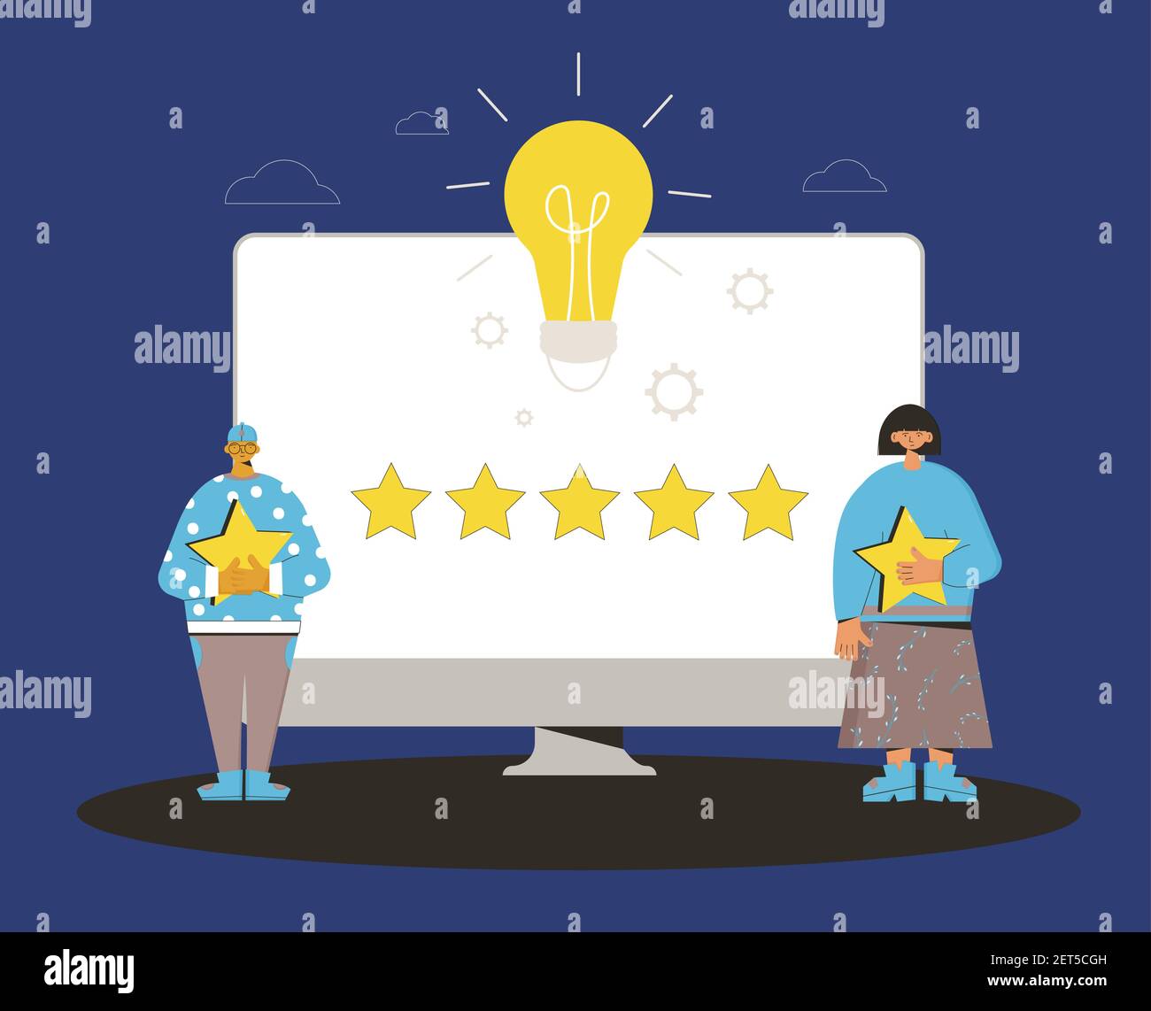 Feedback concept. Client review. Two teenagers holding stars. Young man ...