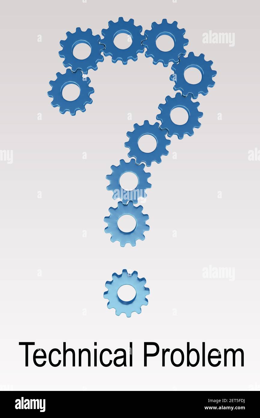 3D illustration of TECHNICAL PROBLEM script under a question mark ...