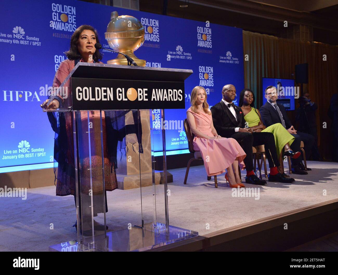 (L-R) H.F.P.A. President Meher Tatna, Presenters Leslie Mann, Terry ...