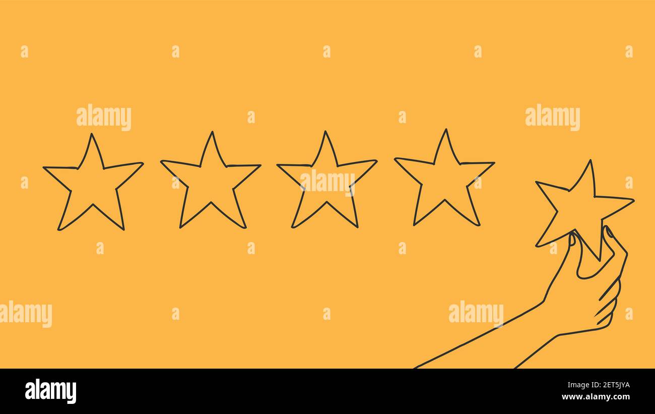 Hand putting five gold stars on yellow background. Five stars quality ...
