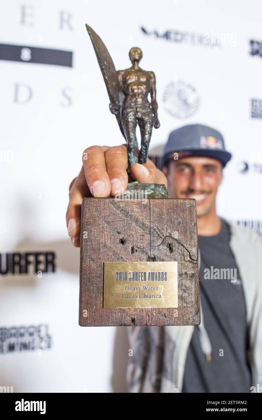 December 6, 2018 - Big Wave surfer Lucas Chianca poses with his trophy ...
