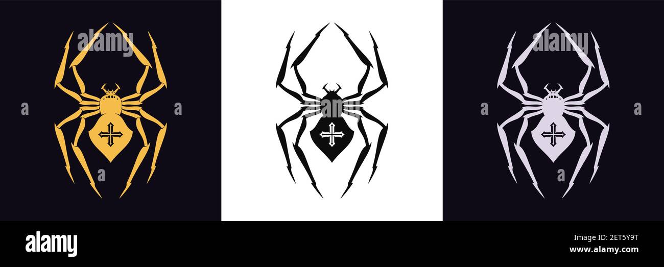 Spider logo with cross. Golden, black and silver spider crosspiece ...