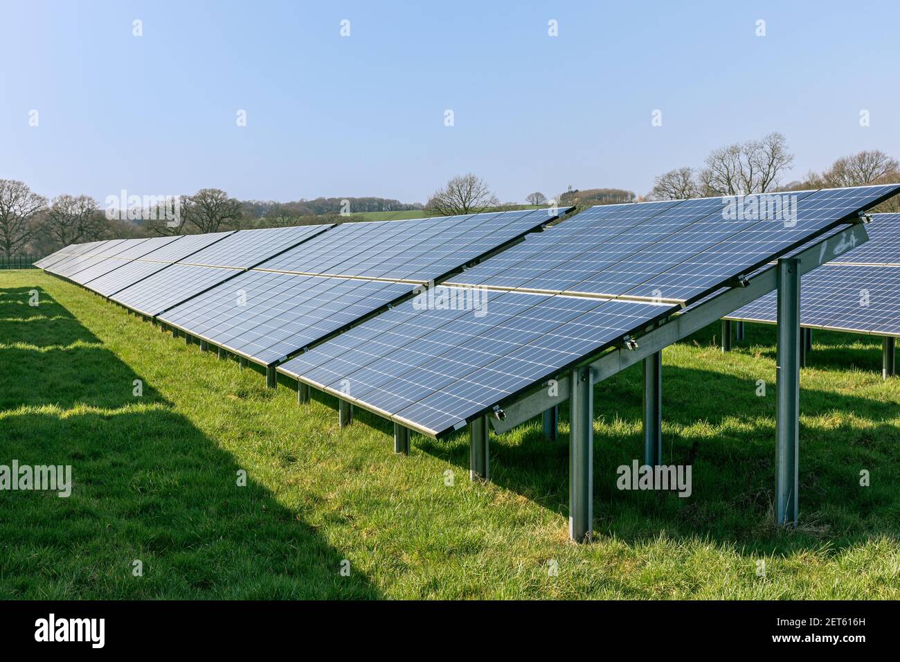 Solar farm with large solar panels in an array, West Sussex, England ...