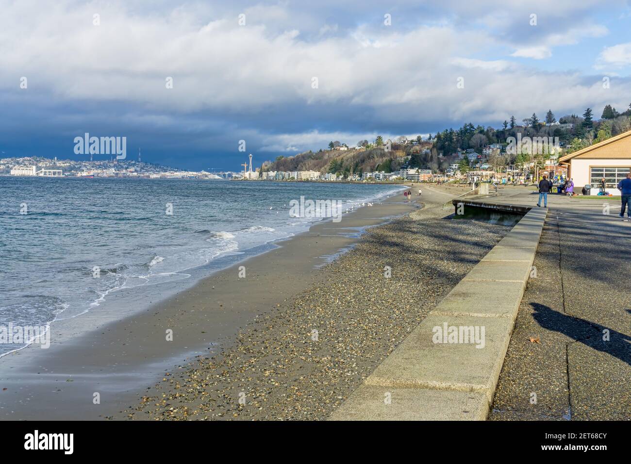 A view of Alki Beach in West Seattle, Washington. The month is February ...