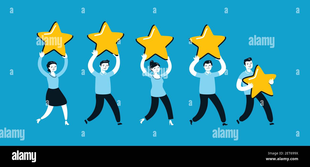 Group of people giving a five star rating. Feedback concept vector illustration flat style Stock ...