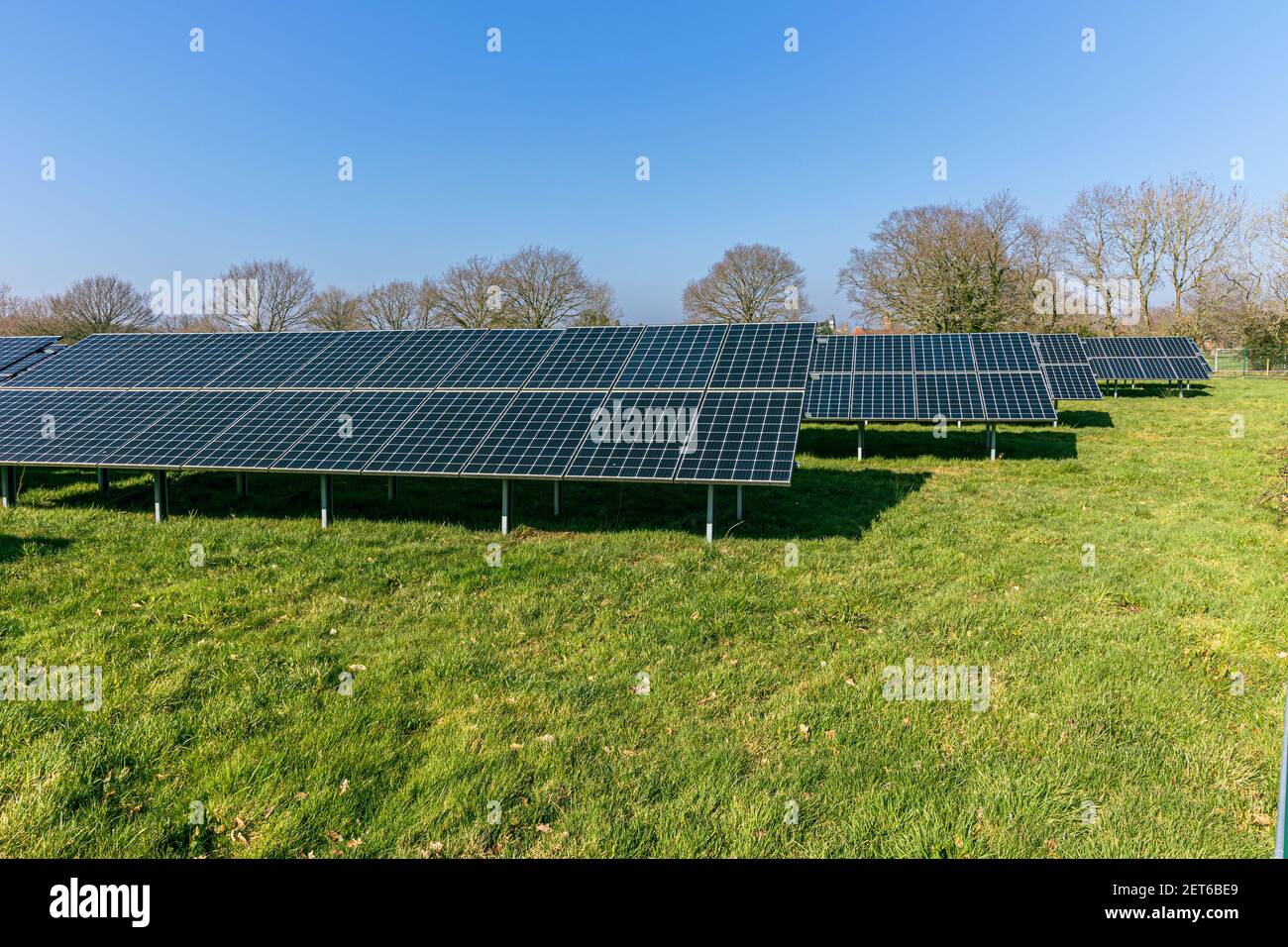 Solar farm with large solar panels in an array, West Sussex, England ...