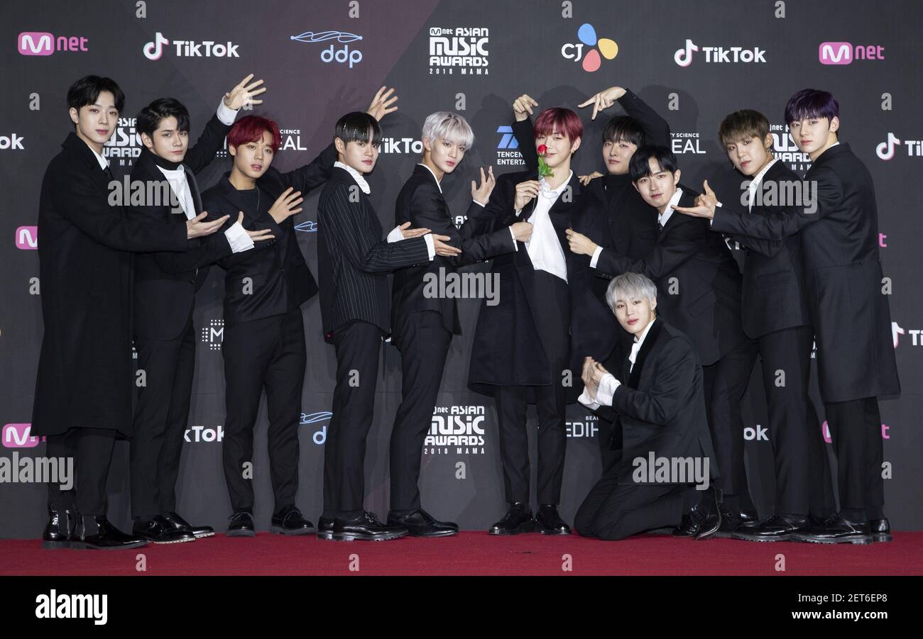 South Korean K-Pop boys group Wanna One, attend a photo call for the ...