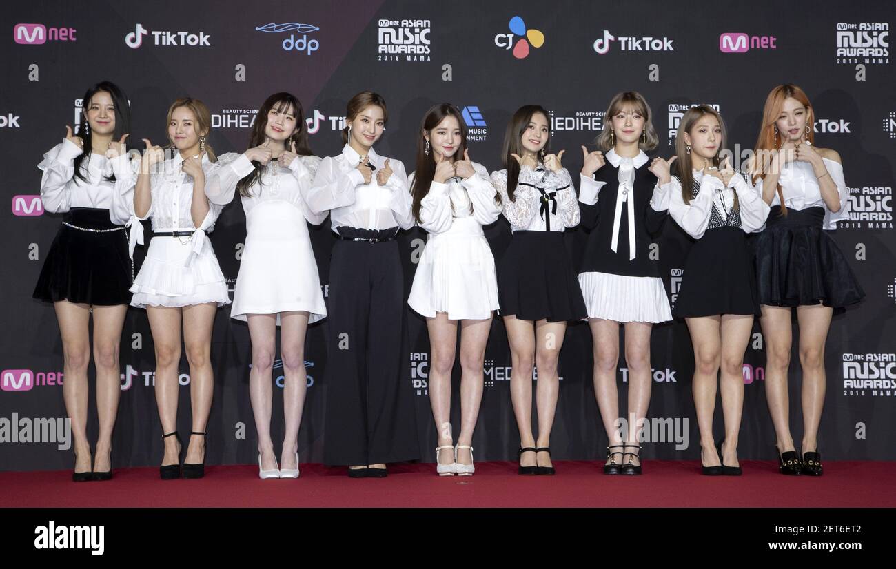 South Korean K-Pop girl group Promis 9, attend a photo call for the ...