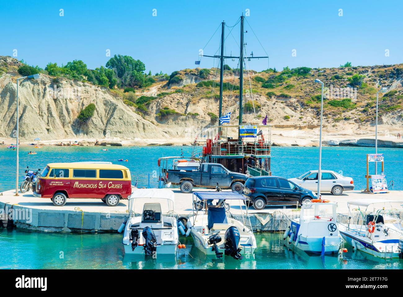 Rhodes, Greece - 14 August 2019: Seafront landscape of Kolymbia village ...