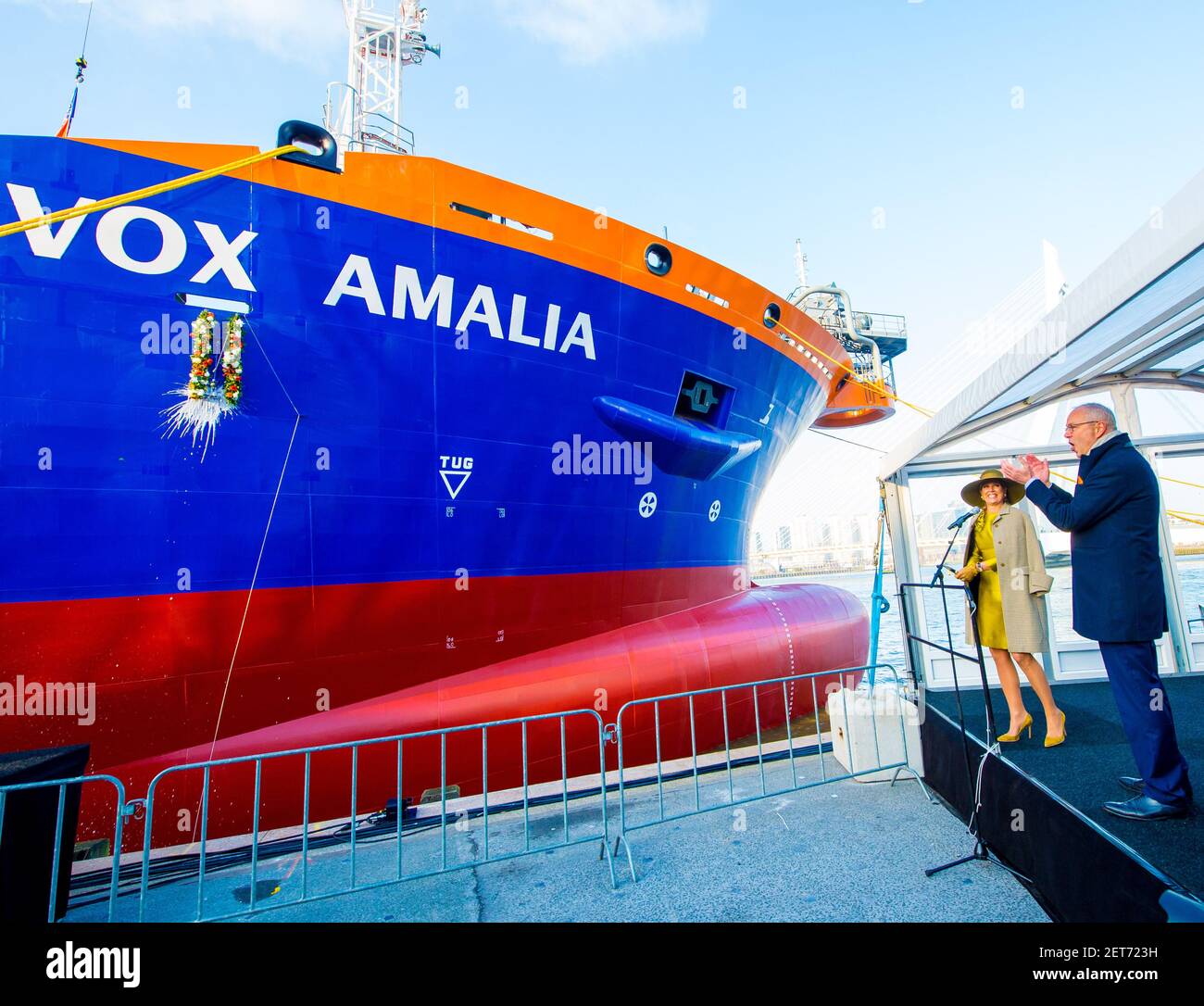 Queen Maxima during the baptism of trailing suction hopper dredger Vox ...