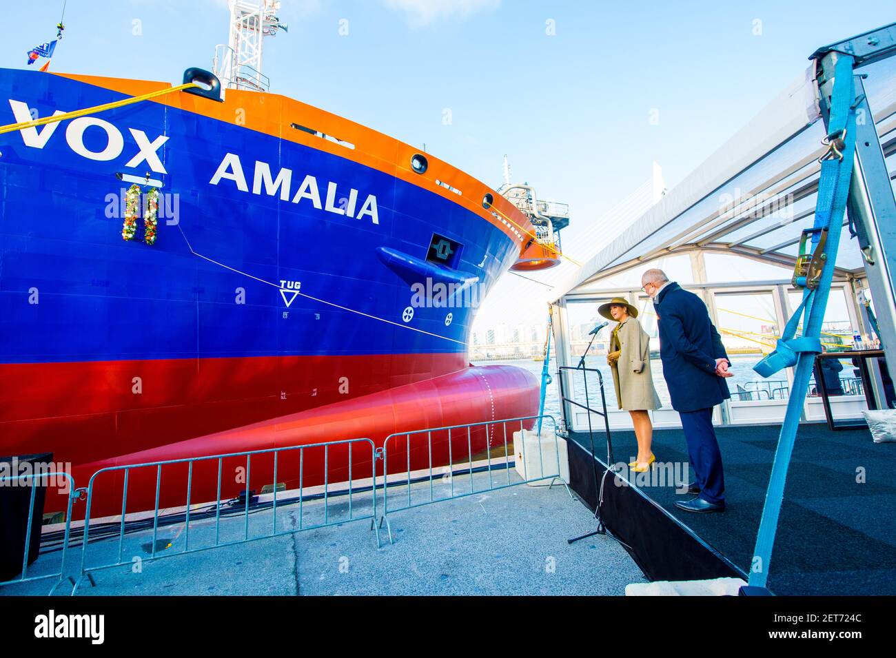 Queen Maxima during the baptism of trailing suction hopper dredger Vox ...