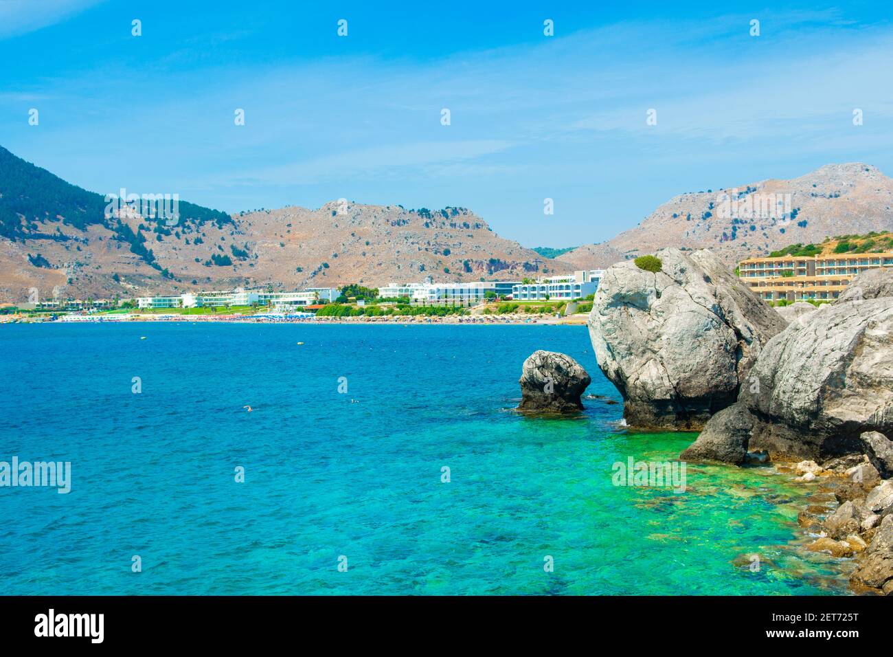 Landscape of beautiful Kolymbia bay in Rhodes island with mountain and ...