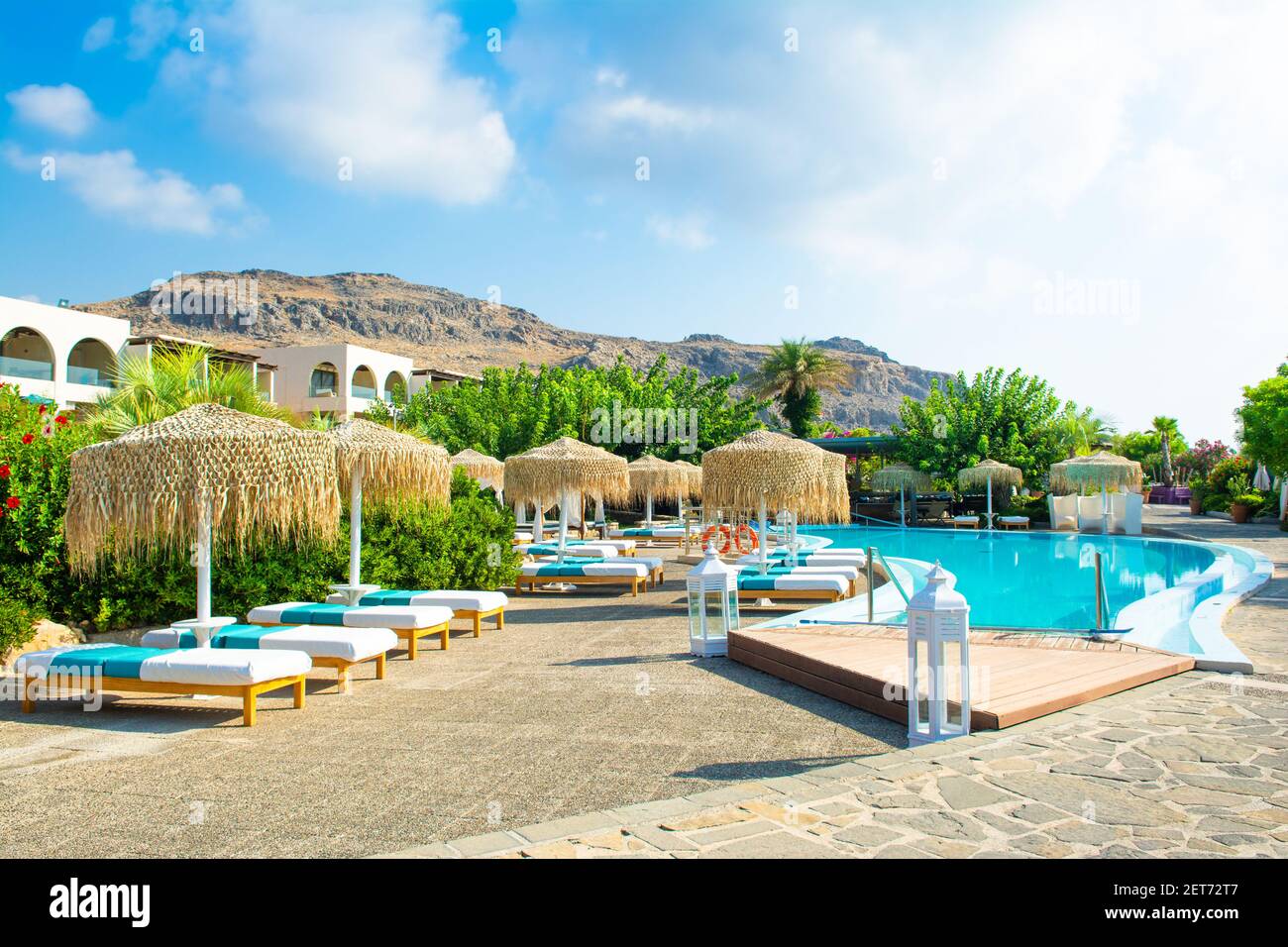 Rhodes, Greece - 18 July 2019: Outdoor pool area in a luxury hotel on ...