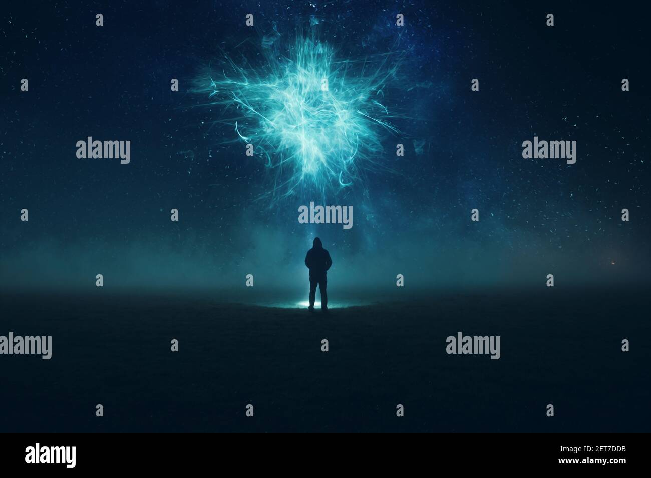 A spooky alien encounter. Of a man silhouetted against the night sky ...