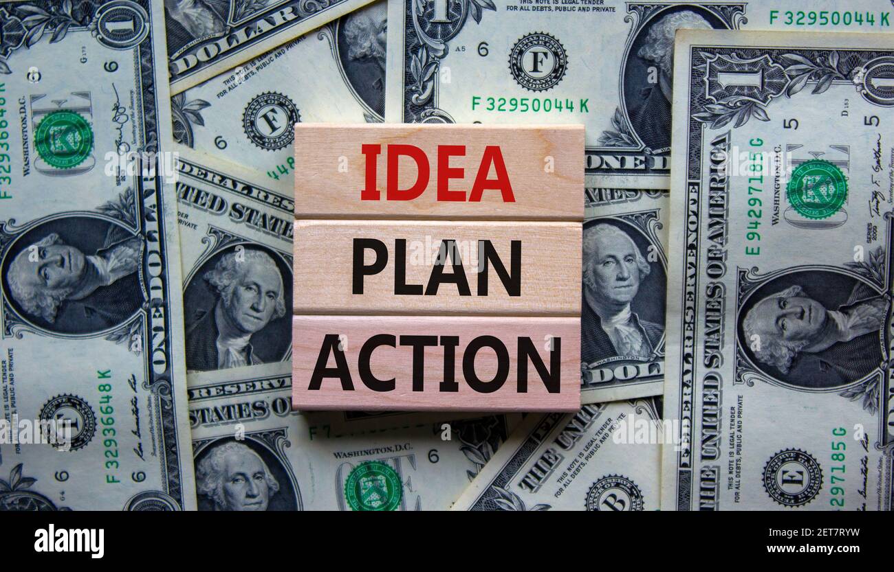 Idea, plan, action symbol. Wooden blocks form the words 'Idea, plan, action' on beautiful ...
