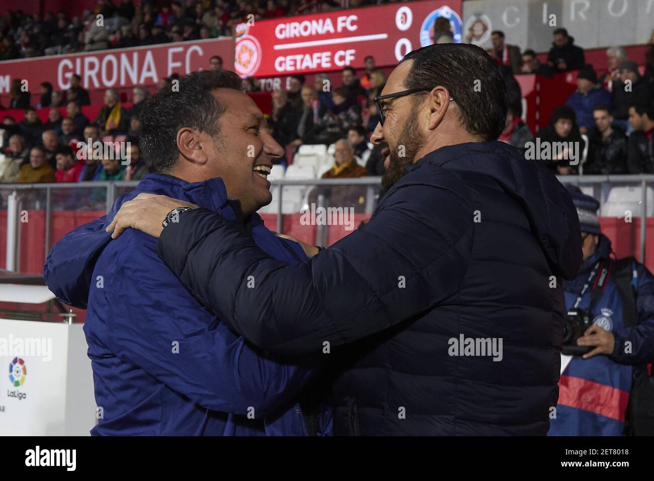 Girona FC manager Eusebio Sacristan greets Getafe CF manager Pepe ...