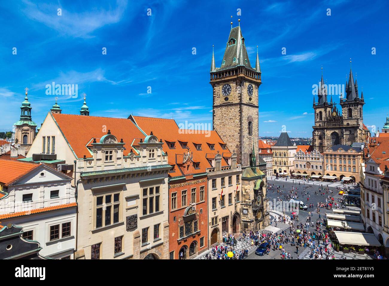 Panoramic aerial view of Old Town square and Clock Tower in Prague in a ...